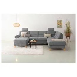 Wohnlandschaft Home Affaire "Westerland U-Form" Sofas Gr. B/H/T: 303 cm x 90 cm x 213 cm, Chenille-Optik, Ottomane rechts, mit Bettfunktion, Stauraum und Armlehnfunktion, grau Federkern, wahlweise Bettfunktion, Stauraum und Armlehn-Verstellung