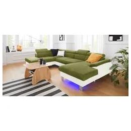 Wohnlandschaft COTTA "Komaris U-Form" Sofas Gr. B: 320 cm, Kunstleder SOFTLUX-Struktur, Ottomane links, ohne Bettfunktion-ohne Bettkasten-ohne RGB-LED-Beleuchtung-mit Kopfteilverstellung, grün (creme, green) inklusive Kopfteilverstellung, wahlweise mit Bettfunktion und RGB-LED