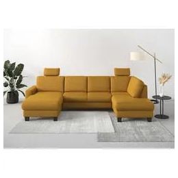 Wohnlandschaft Home Affaire "Summer U-Form" Sofas Gr. B/H/T: 314 cm x 91 cm x 170 cm, Breitcord, Recamiere links, ohne Bettfunktion-ohne Bettkasten-mit Federkern, gelb (mustard) mit oder ohne Bettfunktion und Bettkasten, wengefarbene Holzfüße