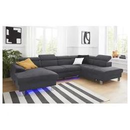 Wohnlandschaft COTTA "Komaris U-Form" Sofas Gr. B: 320 cm, Feinstruktur, Ottomane rechts, ohne Bettfunktion-ohne Bettkasten-ohne RGB-LED-Beleuchtung-mit Kopfteilverstellung, grau (grey) inklusive Kopfteilverstellung, wahlweise mit Bettfunktion und RGB-LED