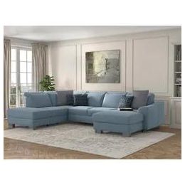 Sit & More Wohnlandschaft SIT&MORE "Dundee U-Form" Sofas Gr. B/H/T: 338 cm x 86 cm x 219 cm, Struktur weich, Ottomane links, mit Kopfteilverstellung-ohne Bettfunktion-ohne Stauraum, blau (hellblau) mit Federkern und Edelstahlfüßen, wahlweise Kopfteilverstellung