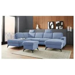 Wohnlandschaft Places of Style "Lolland U-Form" Sofas Gr. B/H/T: 303 cm x 88 cm x 212 cm, Struktur imprägniert, Ottomane links, ohne Bettfunktion und Stauraum, blau (blaugrau) Wahlweise mit Bettfunktion und Stauraum, auch abwischbarem Bezug