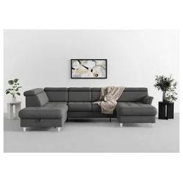 Sit & More Wohnlandschaft SIT & MORE "Marano U-Form", grau (steel), B:304cm T:216cm, 100% Polyester, Sofas, inklusive Kopfteilverstellung, wahlweise mit Bettfunktion, Bettkasten