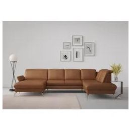 Sit & More Wohnlandschaft SIT & MORE "Fashion U-Form" Sofas Gr. B/H/T: 338cm x 84cm x 207cm, Luxus-Microfaser mit Prägung, Ottomane rechts, mit Kopfteilverstellung, braun (cognac) wahlweise mit Kopfteilverstellung, Vorziehsitz, motorisch, Nickelfüße