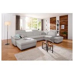 Wohnlandschaft Home Affaire "Mauritius U-Form", silber, B:354cm T:232cm, Struktur fein (100% Polyester), Luxus-Microfaser Lederoptik (100% Polyester), Soft clean (98% Polyester, 2% Polyamid), Sofas, mit Kopfteil- und Armlehnverstellung, wahlweise mit Bettfunktion