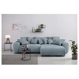 Ecksofa Home Affaire "Sundance" Sofas Gr. B/H/T: 318 cm x 87 cm x 188 cm, Cord, ohne Bettfunktion-ohne Bettkasten-ohne Topper, blau (blau, grau) Dauerschläfer mit EasyBett-Schlaffunktion, Bettkasten und Topper