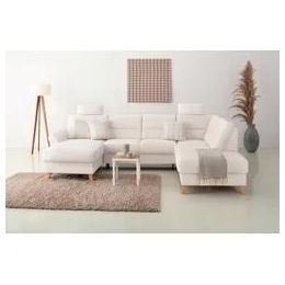 Wohnlandschaft Home Affaire "Westerland U-Form" Sofas Gr. B/H/T: 303cm x 90cm x 213cm, Luxus-Microfaser ALTARA NUBUCK, Ottomane rechts, mit Bettfunktion, Stauraum und Armlehnfunktion, beige (creme) Federkern, wahlweise Bettfunktion, Stauraum und Armlehn-Verstellung