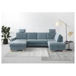 Wohnlandschaft Home Affaire "Summer U-Form" Sofas Gr. B/H/T: 314 cm x 91 cm x 170 cm, Breitcord, Recamiere links, mit Bettfunktion-mit Bettkasten-mit Federkern, blau (blau, grau) mit oder ohne Bettfunktion und Bettkasten, Cord-Bezug