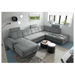 Wohnlandschaft ED EXCITING DESIGN "Alba U-Form" Sofas Gr. B/H/T: 349cm x 88cm x 233cm, Webstoff, Ottomane rechts, grau mit Bettfunktion, Bettkasten, Kopfstützen, Armteilverstellung