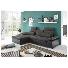 Ecksofa ED EXCITING DESIGN "Jakarta L-Form" Sofas Gr. B/H/T: 268cm x 103cm x 170cm, Webstoff-Kunstleder, Recamiere links, schwarz mit Bettfunktion, Kopfstützen, Nierenkissen, Armteilverstellung