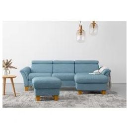 Ecksofa Home Affaire "Lindgren L-Form" Sofas Gr. B/H/T: 258cm x 84cm x 169cm, Struktur, Recamiere rechts, mit Bettfunktion mit einklappbaren Rollen-mit Relaxfunktion motorisch im Recamiere-mit Kopfteilverstellung-ohne Bettkasten-ohne Federkern, blau (eisblau) wahlweise mit Bett klappbaren Rollen, Kasten und Kopfverstellung