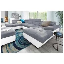 Wohnlandschaft COTTA "Speedway U-Form" Sofas Gr. B/H/T: 332cm x 79cm x 102cm, Kunstleder SOFTLUX-Luxus-Microfaser, Recamiere rechts, ohne Bettfunktion-ohne Bettkasten-mit Kopfteilverstellung, grau (weiß, grau) wahlweise mit Bettfunktion und Bettkasten