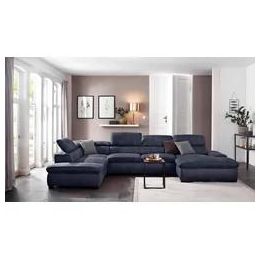 Wohnlandschaft Home Affaire "Alberto U-Form" Sofas Gr. B/H/T: 350cm x 73cm x 228cm, Luxus-Microfaser Vintageoptik, Recamiere rechts, mit Bettfunktion, blau (dunkelblau) mit Kopfteilverstellung, wahlweise Bettfunktion