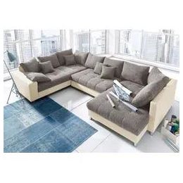 Wohnlandschaft MR. COUCH "Tobi U-Form" Sofas Gr. B/H/T: 339cm x 75cm x 105cm, Microfaser PRIMABELLE-Struktur, Recamiere rechts, mit Bettfunktion, grau (ivory/grau-ecru) wahlweise mit Kaltschaum (140kg BelastungSitz) und RGB-Beleuchtung