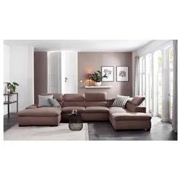 Wohnlandschaft Home Affaire "Alberto U-Form" Sofas Gr. B/H/T: 350cm x 73cm x 228cm, Luxus-Microfaser ALTARA NUBUCK, Recamiere links, ohne Bettfunktion, braun (nougat) mit Kopfteilverstellung, wahlweise Bettfunktion