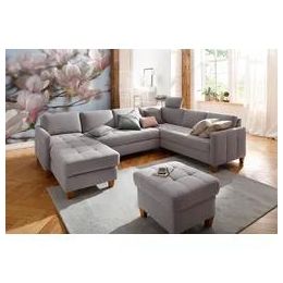 Wohnlandschaft Home Affaire "Earl U-Form" Sofas Gr. B/H/T: 292 cm x 80 cm x 204 cm, Struktur fein, Recamiere links, mit Bettfunktion-mit Bettkasten, grau wahlweise auch mit Bettfunktion oder Bettkasten