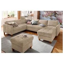 Wohnlandschaft Home Affaire "Earl U-Form" Sofas Gr. B/H/T: 292 cm x 80 cm x 204 cm, Luxus-Microfaser Lederoptik, Recamiere rechts, mit Bettfunktion-mit Bettkasten, beige wahlweise auch mit Bettfunktion oder Bettkasten