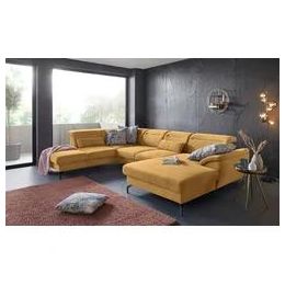 Sit & More Wohnlandschaft SIT & MORE "Percy U-Form" Sofas Gr. B/H/T: 343cm x 80cm x 235cm, Luxus-Microfaser Paris, Recamiere rechts, mit schwarzem Nickelfuß, gelb (mustard) 15 cm Fußhöhe, Sitztiefenverstellung, wahlweise in 2 Fußfarben