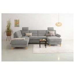 Wohnlandschaft Home Affaire "Westerland U-Form" Sofas Gr. B/H/T: 303cm x 90cm x 213cm, Chenille-Optik, Ottomane links, ohne Bettfunktion, ohne Stauraum ohne Armlehnfunktion, grau (hellgrau) Federkern, wahlweise Bettfunktion, Stauraum und Armlehn-Verstellung