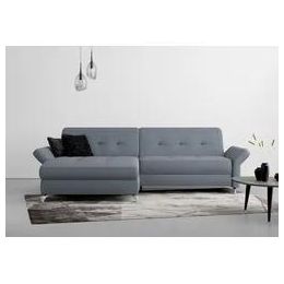 Ecksofa Inosign "Maredo L-Form" Sofas Gr. B/H/T: 284 cm x 89 cm x 179 cm, Chenille-Optik, mega-Recamiere links, mit Kopfteilverstellung, mit Armteilfunktion, mit Vorziehsitz motorisch und mit Bettkasten, blau (graublau) Federkern, wahlweise auch mit Kopfteil- und Armlehnverstellung