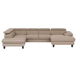 Wohnlandschaft Home Affaire "Pilot U-Form" Sofas Gr. B/T: 331cm x 108cm, Feinstruktur, Ottomane links-Recamiere rechts, Mit Kopfteilverstellung-ohne Bettfunktion-ohne Bettkasten, beige (sand) mit Kopfteilverstellung, wahlweise Bettfunktion und Bettkasten