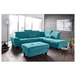 Ecksofa Places of Style "Cornwall L-Form" Sofas Gr. B/H/T: 283cm x 84cm x 253cm, Luxus-Microfaser weich, Ottomane rechts, Sitztiefenverstellung, blau (petrol) incl. Sitztiefenverstellung, mit Bettfunktion und Kopfteilverstellung