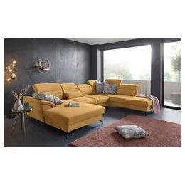 Sit & More Wohnlandschaft SIT & MORE "Percy U-Form" Sofas Gr. B/T: 343cm x 235cm, Luxus-Microfaser Paris, Recamiere links, mit Kopfteilverstellung-mit schwarzem Nickelfuß, gelb (mustard) 12 cm Fußhöhe, Sitztiefenverstellung, wahlweise in 2 Fußfarben