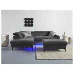 Ecksofa COTTA "Mia L-Form" Sofas Gr. B/H/T: 244cm x 74cm x 193cm, Chenille, Ottomane links, Ohne Bettfunktion-ohne Bettkasten-mit RGB-LED-Beleuchtung-mit Wireless Charger, grau (charcoal) 3-tlg.-Kissen-Set, Ottomane, wahlweise mit oder ohne RGB-Beleuchtung