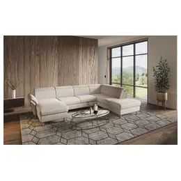 Wohnlandschaft Home Affaire "Calypso U-Form" Sofas Gr. B/H/T: 334 cm x 85 cm x 227 cm, Struktur, Ottomane rechts, mit Kopfteilverstellung-mit Armteilverstellung-mit Bett-ohne Bettkasten-mit Relax motorisch-mit Stauraum, beige (linen) wahlweise mit motorischer Relaxfunktion