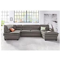 Sit & More Wohnlandschaft SIT & MORE "Pisa U-Form" Sofas Gr. B/H/T: 319cm x 89cm x 168cm, NaturLEDER, Ottomane links, ohne Bettfunktion, grau (elefant) mit Federkern, wahlweise Bettfunktion