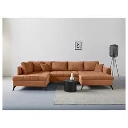 Wohnlandschaft Inosign "Lörby U-Form" Sofas Gr. B/H/T: 339 cm x 90 cm x 190 cm, Feincord, Ottomane links, Feincord, orange (terra) auch mit Aqua clean-Bezug, feine Steppung im Sitzbereich, lose Kissen