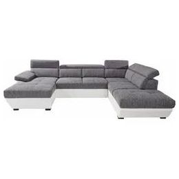 Wohnlandschaft COTTA "Speedway U-Form" Sofas Gr. B/H/T: 332cm x 79cm x 102cm, Kunstleder SOFTLUX-Struktur, Recamiere links, mit Bettfunktion-mit Bettkasten-mit Kopfteilverstellung, grau (weiß, grau) wahlweise mit Bettfunktion und Bettkasten