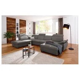 Wohnlandschaft Home Affaire "Mauritius U-Form", grau, B:354cm T:232cm, Struktur fein (100% Polyester), Luxus-Microfaser Lederoptik (100% Polyester), Soft clean (98% Polyester, 2% Polyamid), Sofas, mit Kopfteil- und Armlehnverstellung, wahlweise mit Bettfunktion