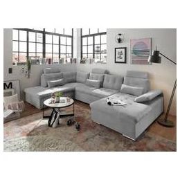 Wohnlandschaft ED EXCITING DESIGN "Jakarta U-Form" Sofas Gr. B/H/T: 324cm x 107cm x 218cm, Webstoff, Ottomane links-Recamiere rechts, grau (hellgrau) mit Bettfunktion, Bettkasten, Kopfstützen, Nierenkissen etc.