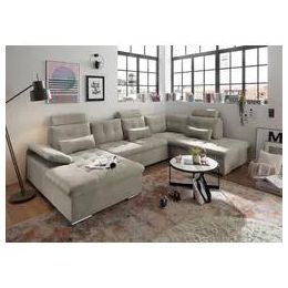 Wohnlandschaft ED EXCITING DESIGN "Jakarta U-Form" Sofas Gr. B/H/T: 324cm x 107cm x 218cm, Webstoff, Ottomane rechts-Recamiere links, beige mit Bettfunktion, Bettkasten, Kopfstützen, Nierenkissen etc.