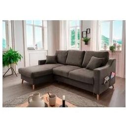 Ecksofa Inosign "Valentina L-Form" Sofas Gr. B/H/T: 228cm x 94cm x 150cm, Struktur, Recamiere links-Bettfunktion rechts, braun 2 Zierkissen, mit Seitentasche, ausziehbarer Liegefläche, Bettkasten