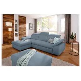 Ecksofa Home Affaire "Mauritius L-Form" Sofas Gr. B/T: 287cm x 178cm, Soft clean, Recamiere links, ohne Bettfunktion-ohne Bettkasten, blau (hellblau) mit Kopfteil- und Armlehnverstellung, Bettfunktion Bettkasten