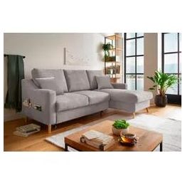 Ecksofa Inosign "Valentina L-Form", grau (hellgrau), B:228cm H:94cm T:150cm, 92% Polyester, 8% Nylon, Sofas, 2 Zierkissen, mit Seitentasche, ausziehbarer Liegefläche, Bettkasten