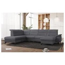 Sit & More Wohnlandschaft SIT & MORE "Astoria U-Form" Sofas Gr. B/H/T: 329cm x 91cm x 225cm, Flachgewebe, Ottomane links, mit Kopfteilverstellung-mit Armlehnfunktion-mit Relaxfunktion motorisch im Longchair-mit Bettfunktion-mit Stauraum, grau (anthrazit) wahlweise mit motorischer Relaxfunktion