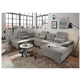 Wohnlandschaft ED EXCITING DESIGN "Jakarta U-Form" Sofas Gr. B/H/T: 324cm x 107cm x 218cm, Webstoff, Ottomane links-Recamiere rechts, grau (grau-beige) mit Bettfunktion, Bettkasten, Kopfstützen, Nierenkissen etc.