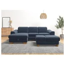 Ecksofa Home Affaire "Dundee L-Form" Sofas Gr. B/H/T: 264cm x 86cm x 170cm, Webstoff, Recamiere links, mit Bettfunktion-mit Kopfteilverstellung-mit Relaxfunktion, blau (graublau) wahlweise mit Kopfteilverstellung und zusätzlich Bettfunktion