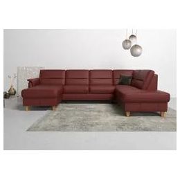 Wohnlandschaft Home Affaire "Palmera U-Form" Sofas Gr. B/H/T: 308 cm x 89 cm x 212 cm, NaturLEDER, Ottomane rechts, mit Bettfunktion-mit Bettkasten-Bett im Stoff bezogen, rot (merlot) Federkern, wahlweise mit Bettfunktion und mitohne Stauraum