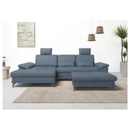 Ecksofa Places of Style "Costello L-Form, mit Sitztiefenverstellung, Armteilverstellung und" Sofas Gr. B/H/T: 301cm x 89cm x 176cm, Material, Recamiere links, ohne Bettfunktion-ohne Bettkasten, blau (graublau) 3 Nierenkissen, optional Bettfunktion und Bettkasten