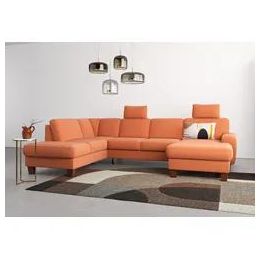 Wohnlandschaft Home Affaire "Vision U-Form" Sofas Gr. B/H/T: 315 cm x 90 cm x 215 cm, Easy care, Ottomane links, mit Bettfunktion-mit Stauraum, orange (terra) wahlweise mit Bettfunktion und Stauraum, auch in Easy Care-Bezug