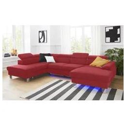 Wohnlandschaft COTTA "Komaris U-Form" Sofas Gr. B: 320 cm, Kunstleder SOFTLUX, Ottomane links, ohne Bettfunktion-ohne Bettkasten-ohne RGB-LED-Beleuchtung-mit Kopfteilverstellung, rot (red) inklusive Kopfteilverstellung, wahlweise mit Bettfunktion und RGB-LED