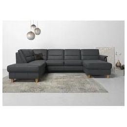 Wohnlandschaft Home Affaire "Palmera U-Form" Sofas Gr. B/H/T: 308 cm x 89 cm x 212 cm, NaturLEDER, Ottomane links, ohne Bettfunktion-ohne Bettkasten-Rücken mit Leder bezogen, schwarz Federkern, wahlweise mit Bettfunktion und mitohne Stauraum