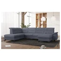 Sit & More Wohnlandschaft SIT & MORE "Astoria U-Form" Sofas Gr. B/H/T: 329cm x 91cm x 225cm, Flachgewebe, Ottomane links, mit Kopfteilverstellung-mit Armlehnfunktion-mit Relaxfunktion motorisch im Longchair-mit Bettfunktion-mit Stauraum, grau (grau, blau) wahlweise mit motorischer Relaxfunktion