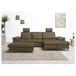 Ecksofa Places of Style "Costello L-Form, mit Sitztiefenverstellung, Armteilverstellung und" Sofas Gr. B/H/T: 301cm x 89cm x 176cm, NaturLEDER, Recamiere rechts, mit Bettfunktion-mit Bettkasten, grün (olive) 3 Nierenkissen, optional Bettfunktion und Bettkasten