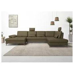 Wohnlandschaft Places of Style "Costello U-Form" Sofas Gr. B/H/T: 363 cm x 89 cm x 223 cm, Material, Recamiere links, mit Bettfunktion-mit Stauraum-Bett im Stoff bezogen, grün (olive) incl. Sitztiefenverstellung und Armlehnfunktion, 3 Nierenkissen