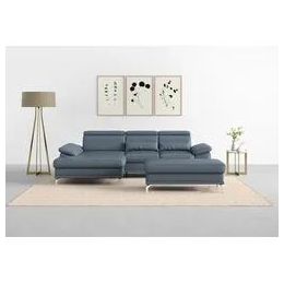 Sit & More Ecksofa SIT & MORE "Cabrio L-Form" Sofas Gr. B/H/T: 295cm x 87cm x 180cm, NaturLEDER, Recamiere links, mit Bettfunktion-mit Bettkasten-mit Sitztiefenverstellung-mit Kopfteilverstellung-mit Armteilfunktion-mit 2 Nierenkissen-Bett mit Leder bezogen, blau (graublau) mit Sitztiefen- und Armteilverstellung sowie Federkern, 2 Nierenkissen